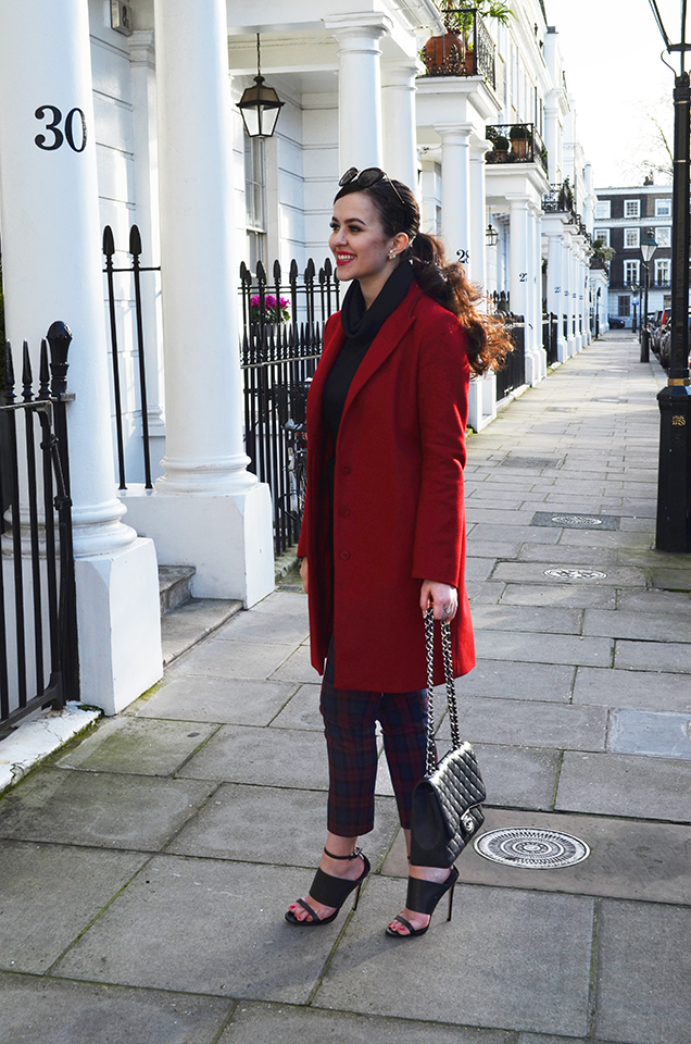 Arabella: Ruby Red Cos Coat / Tartan Trousers / Knitted Roll Neck