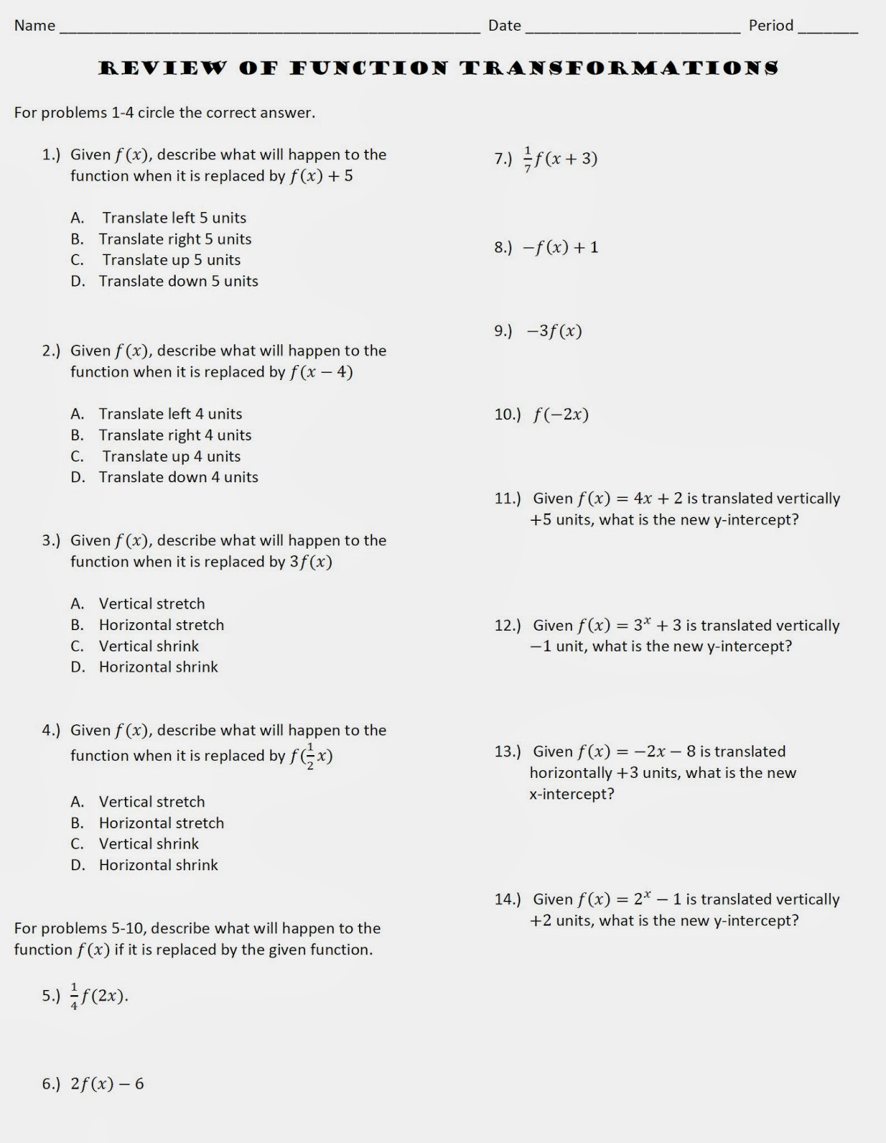 Mr Matt S Math Classes Assignment Review Of Function Transformations