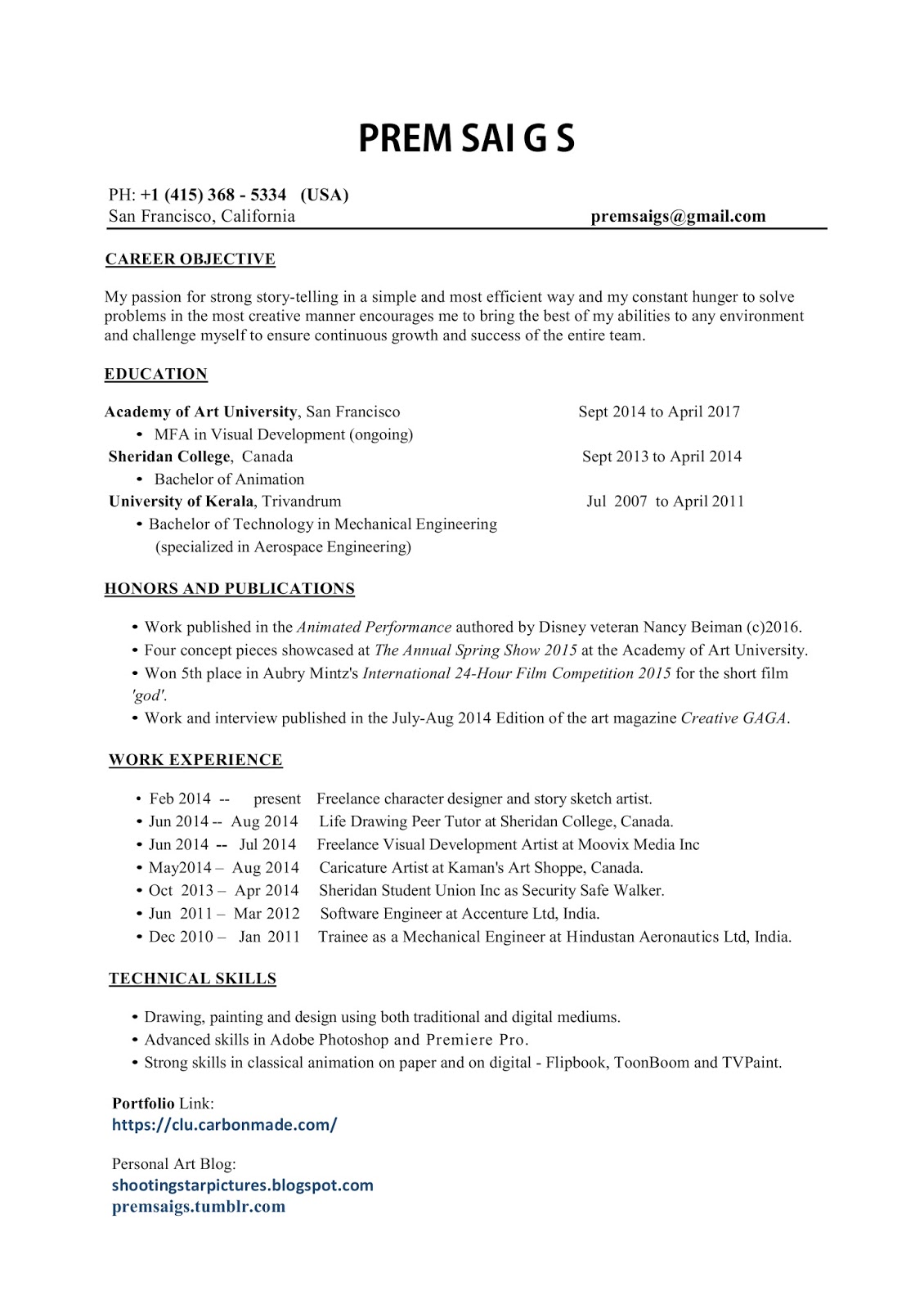 The Animated Life of Prem Sai GS: Resume