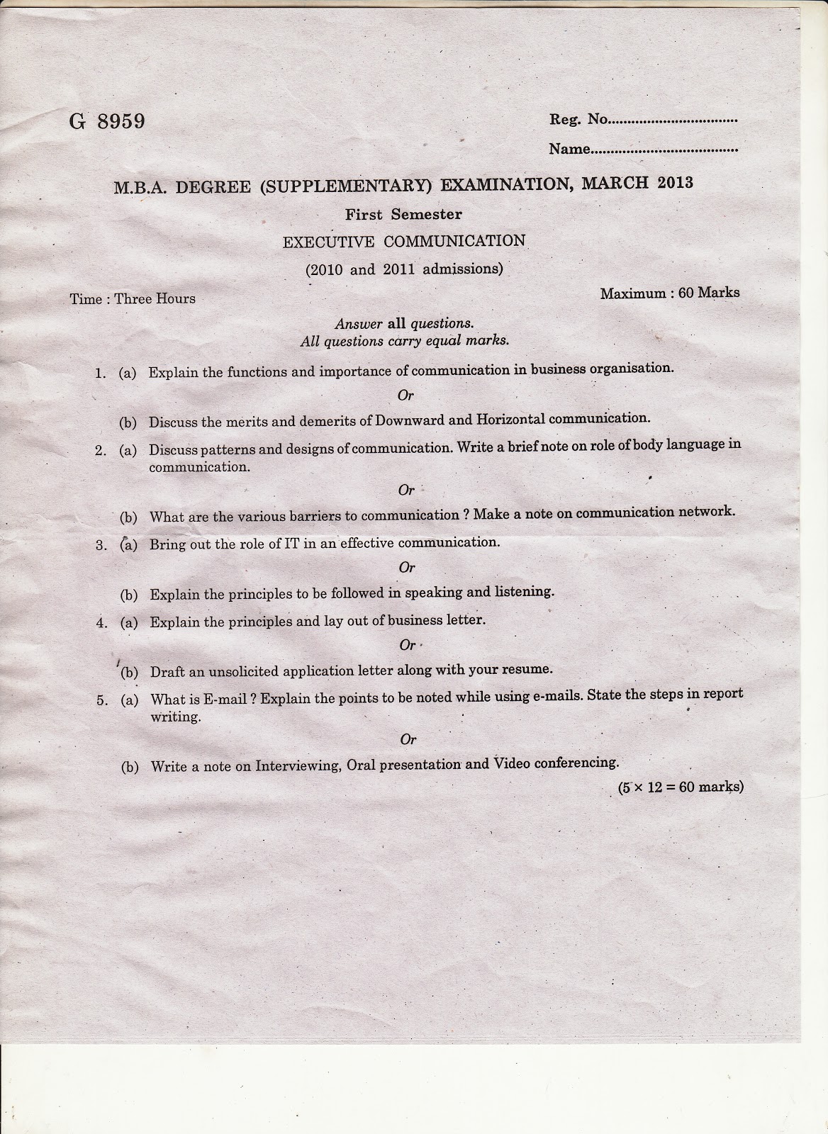 MARIAN LIBRARY: MG University First Sem MBA 2013 Question Paper