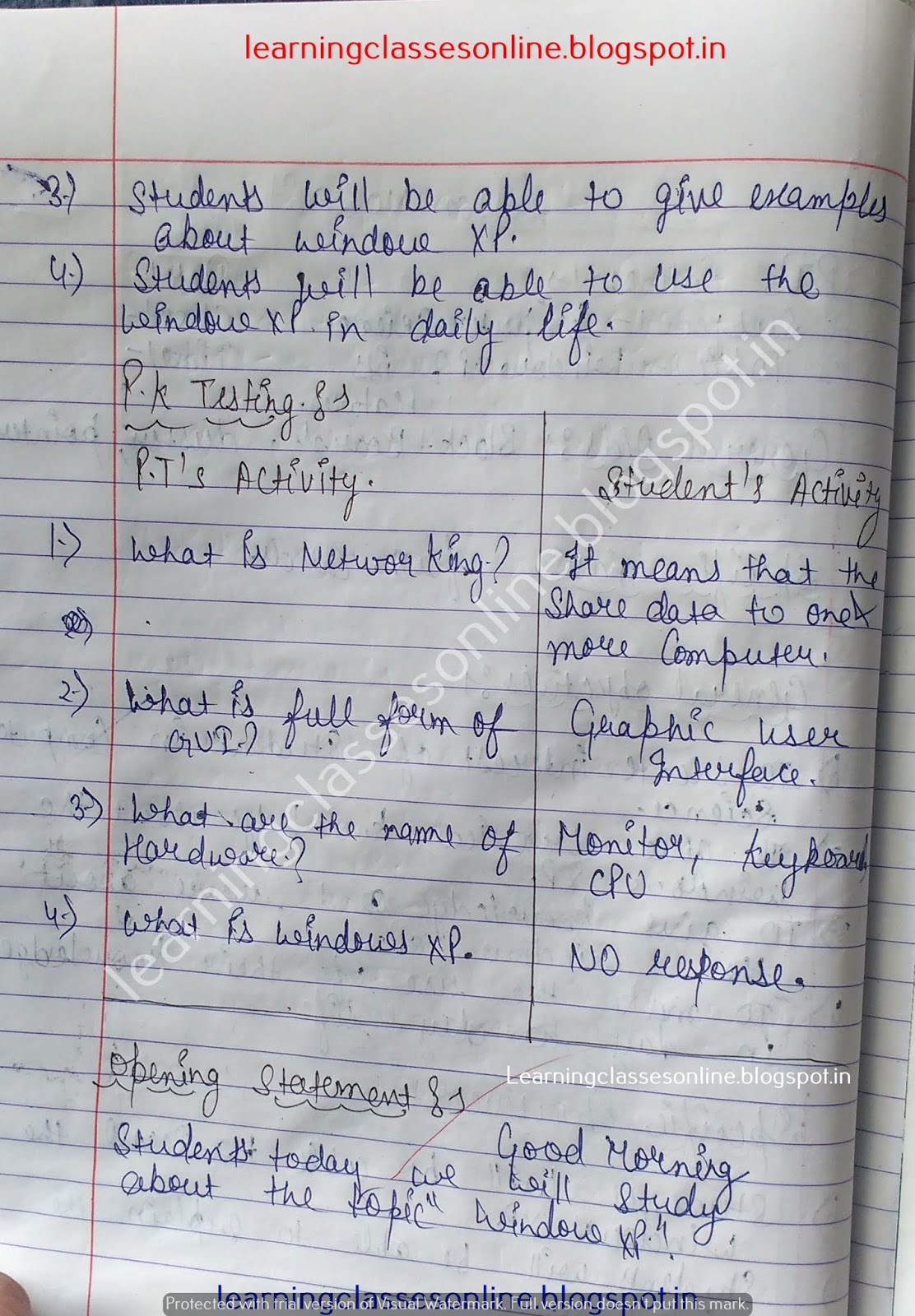 Lesson Plan For Computer Science For B Ed on window XP and Its features