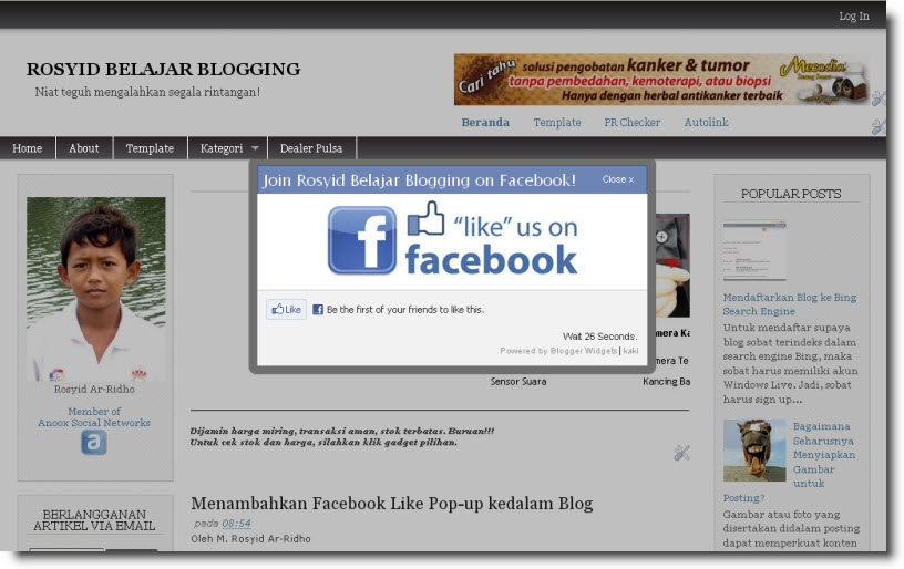 Rosyid Belajar Blogging: Menambahkan Facebook Like Pop-up kedalam Blog