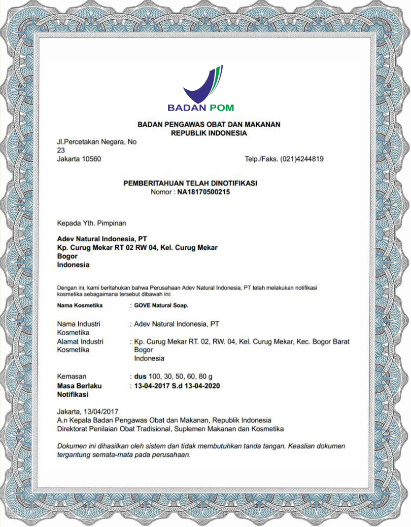 SABUN AJAIB GOVE: SERTIFIKAT BPOM SABUN GOVE