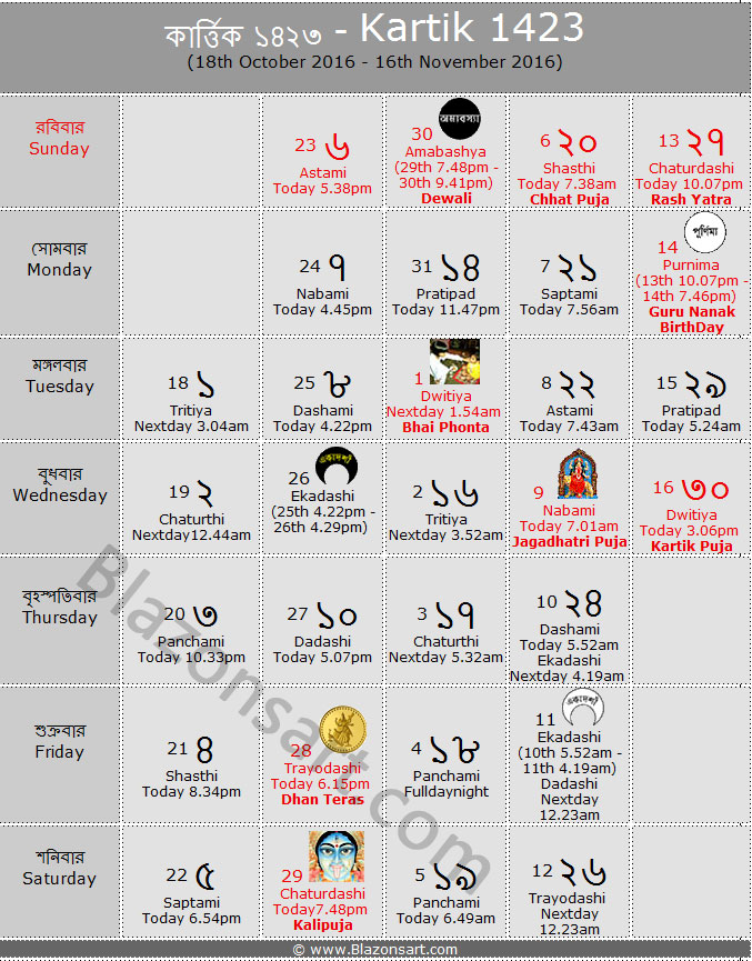 Bengali Calendar – Kartik 1423 - Blazonsart.com