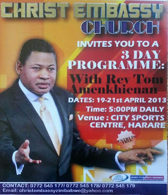 CHRIST EMBASSY REV Tom Amenkhienan to Hold 3 Days Programme in Zimbabwe ...