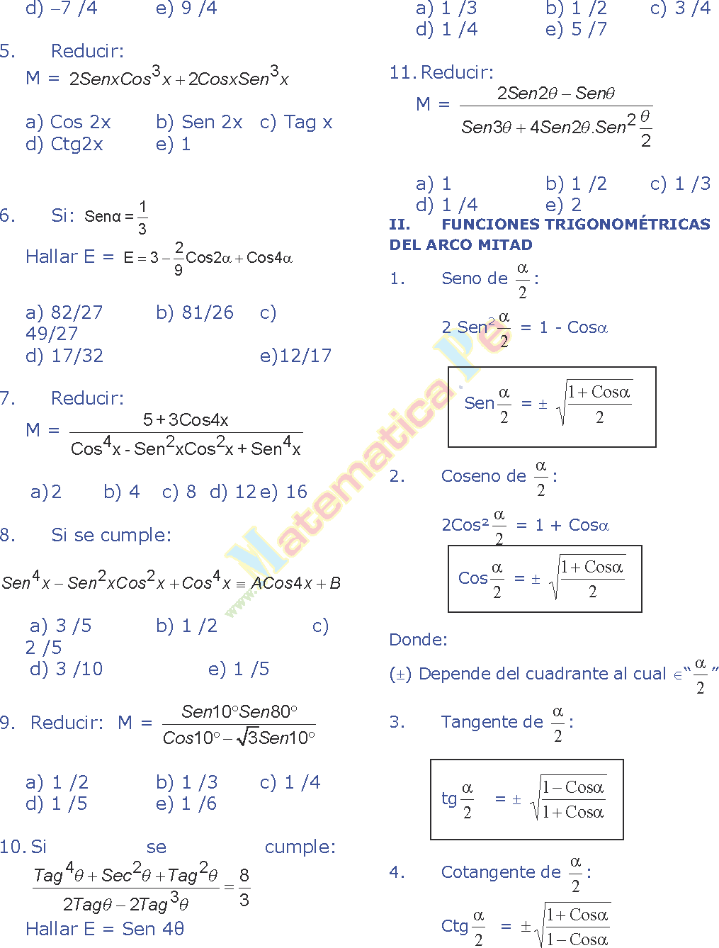 FUNCIONES TRIGONOMÉTRICAS DEL ARCO DOBLE Y MITAD PROBLEMAS RESUELTOS