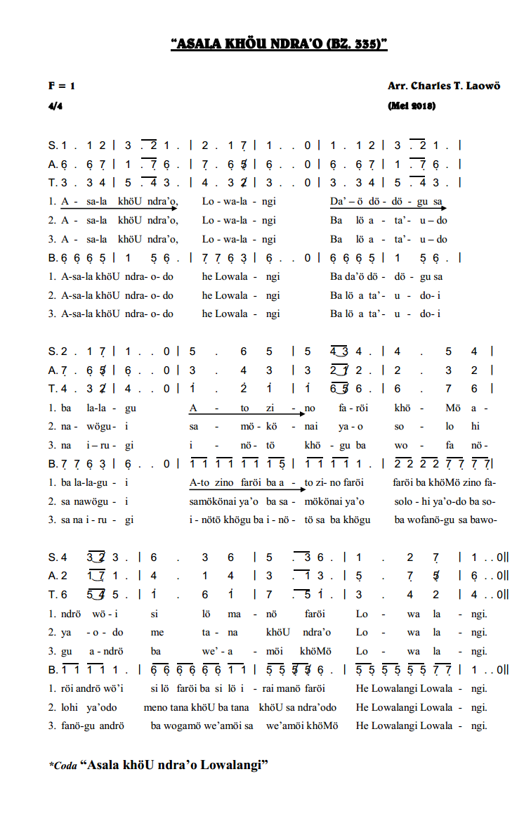 Partitur Lagu Paduan Suara SATB "Asala Khou Ndra'o BZ 335" - Charles ...