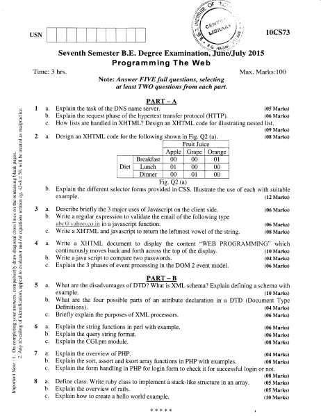 VTU B.E CSE 7th Semester Question Papers June July 2015 - University ...