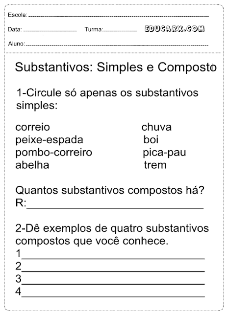 Atividades com substantivos simples e composto