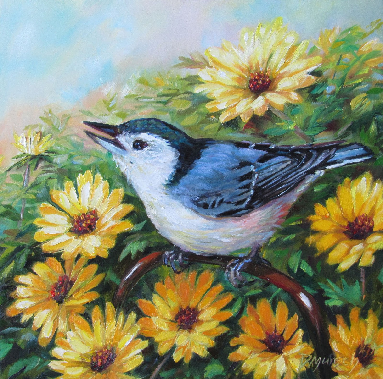 Donna Munsch Fine Art: Original Oil Painting Nuthatch Nestled in Daisies