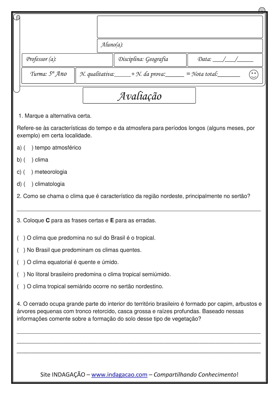 Prova De Geografia 5 Ano - REVOEDUCA