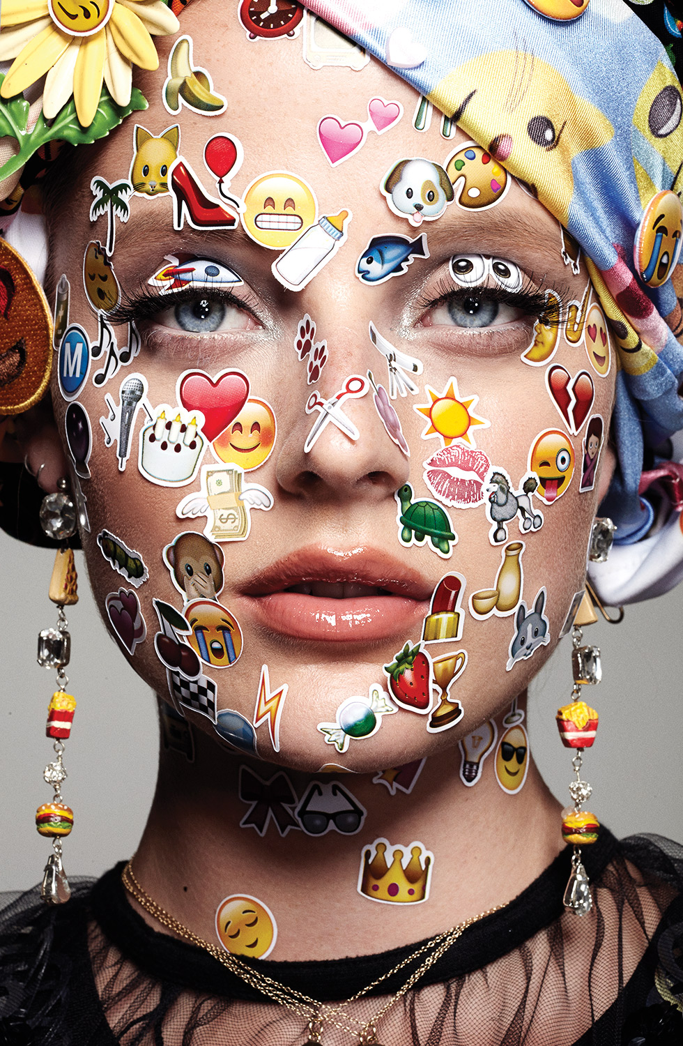 Emoji Girl Emoticon Stickers Beauty Editorial Shoot with Model Emily Steel