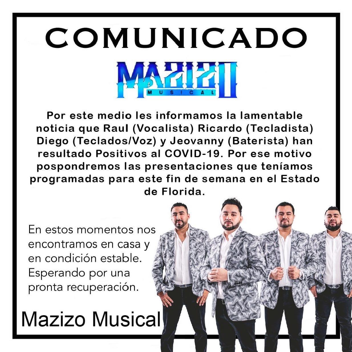 Integrantes de Mazizo Musical dan positivo a COVID-19 - Beto Franco Digital