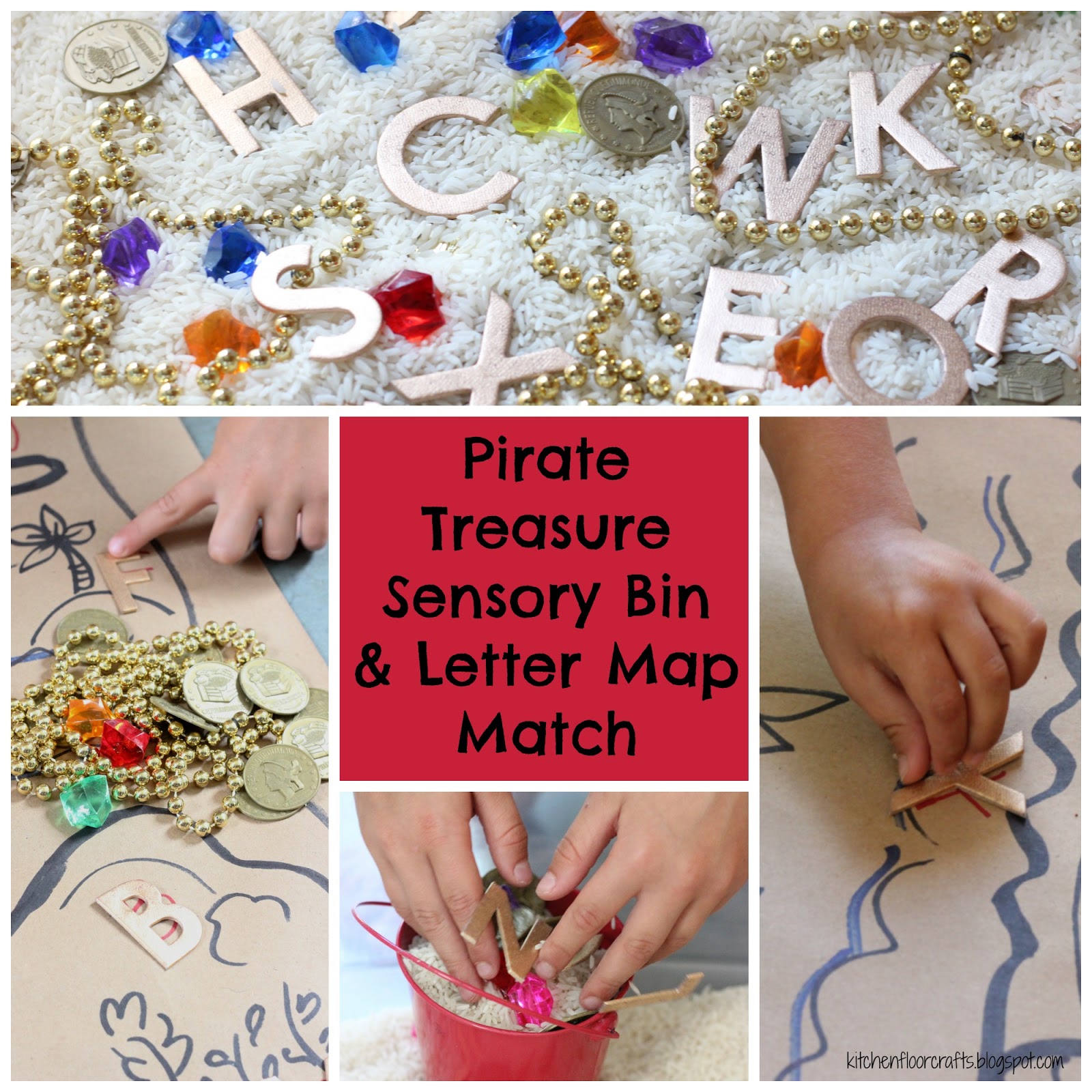 Kitchen Floor Crafts: Pirate Treasure Sensory Bin & Letter Map Match
