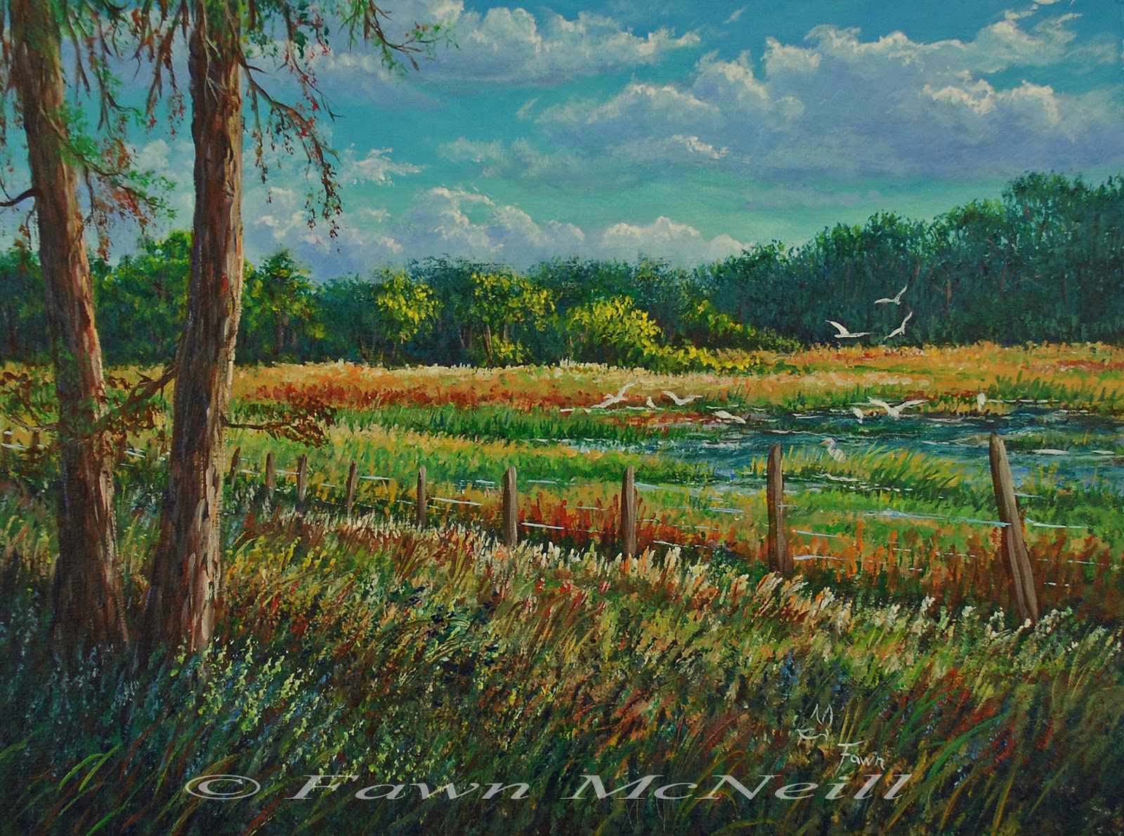 Fawn's Paintings: Morning Rush, pasture with egrets