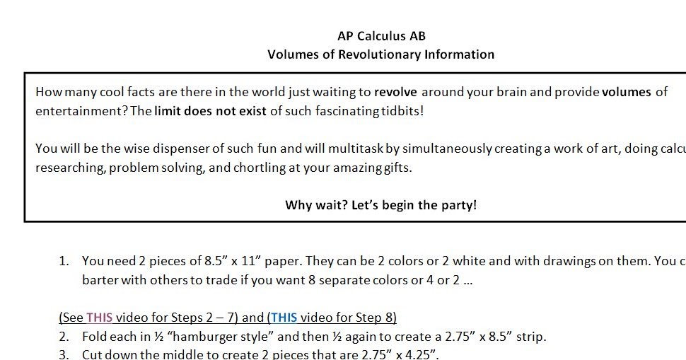 Math Teacher Mambo: Calculus Volume of Revolution Project May 2017