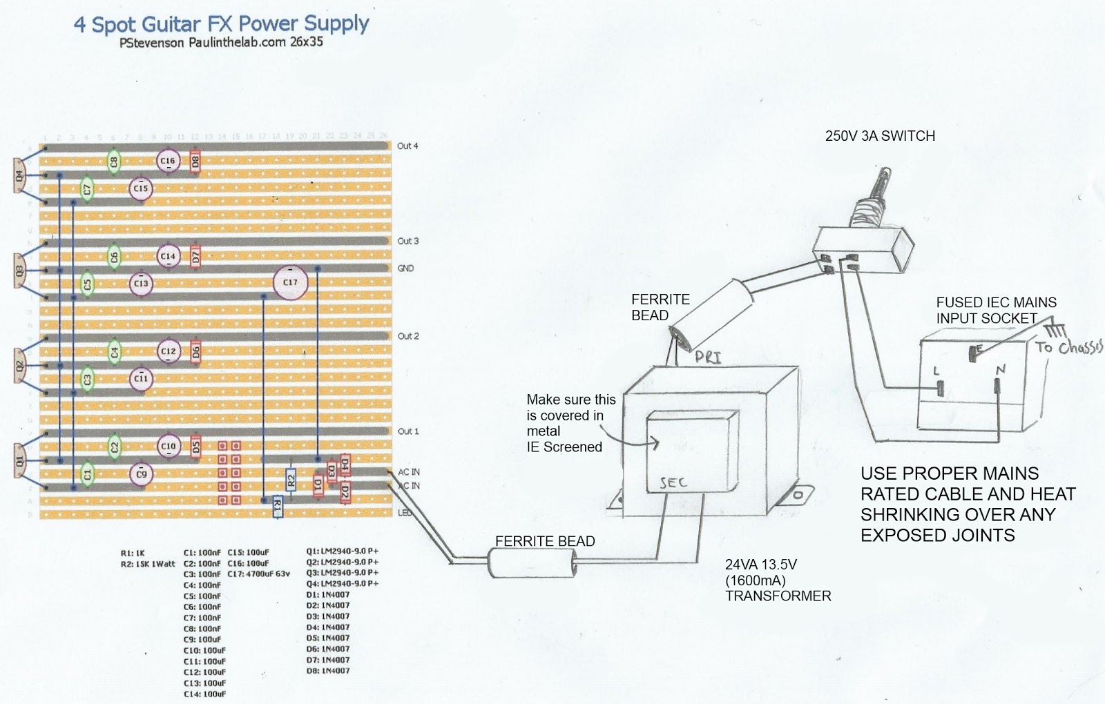Paul In The Lab: Guitar FX Regulated Power Supply Stripboard Veroboard ...
