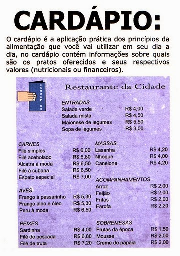 "EDUCAR PARA A VIDA": Gênero textual: CARDÁPIO.