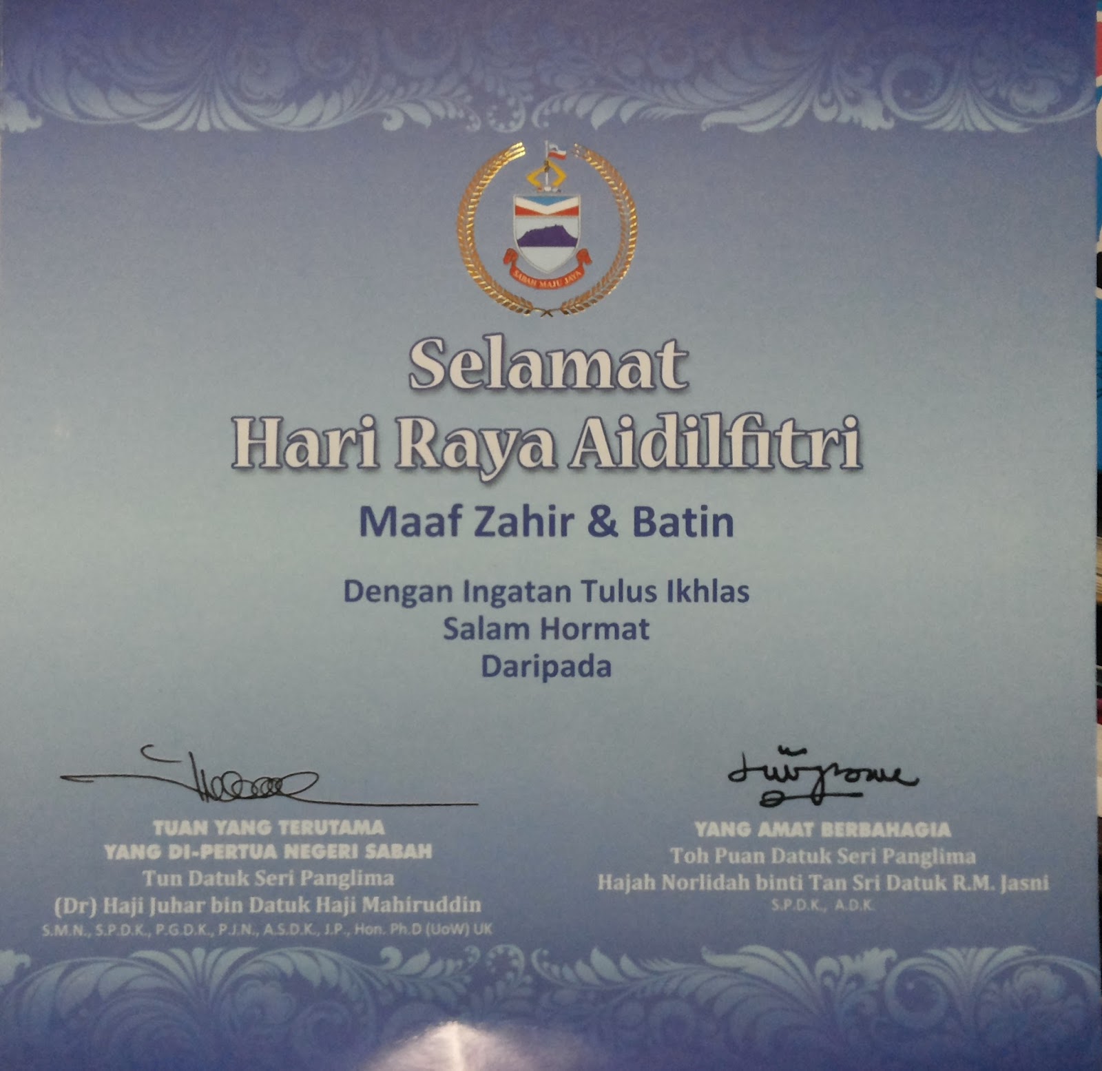 WARISAN RAJA & PERMAISURI MELAYU: Kad Raya TYT Yang Di-Pertua Negeri Sabah.