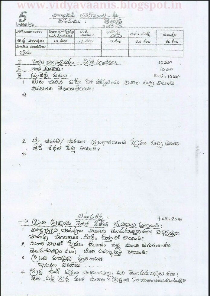 5th Class Telugu Exam Paper Sa-3 2024, Fa4 Model Questions Papers ...