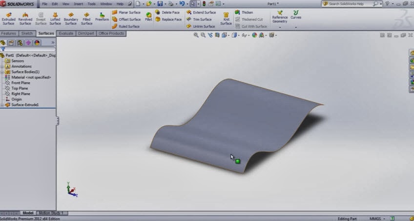 Demonstrate how to create basic 3D Modeling Surface in SolidWorks2014 ...