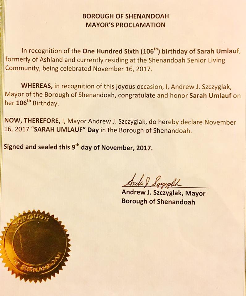 Mayor Surprises Shenandoah Woman With Proclamation for Her Birthday