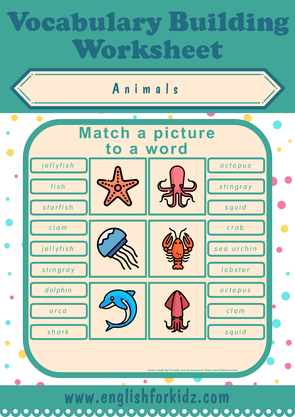 Animals Worksheets: Picture to Word Matching