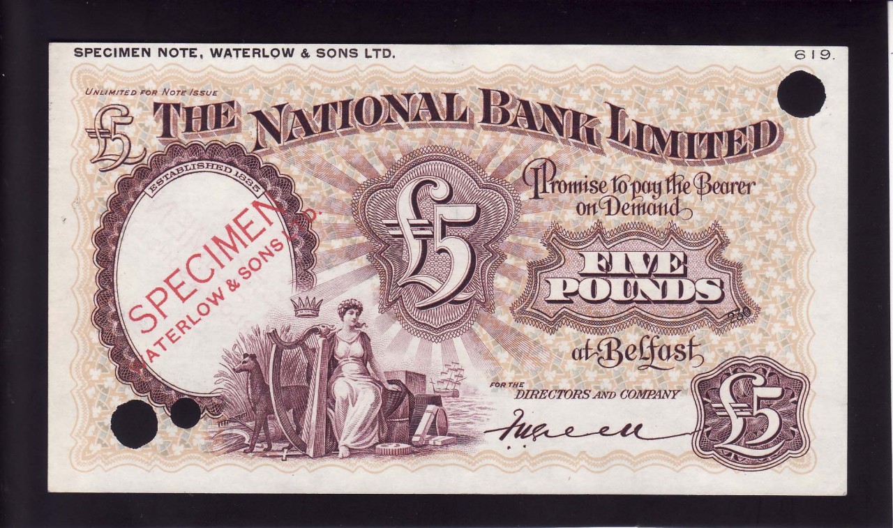 Northern Ireland Five Pounds banknote, National Bank Limited.