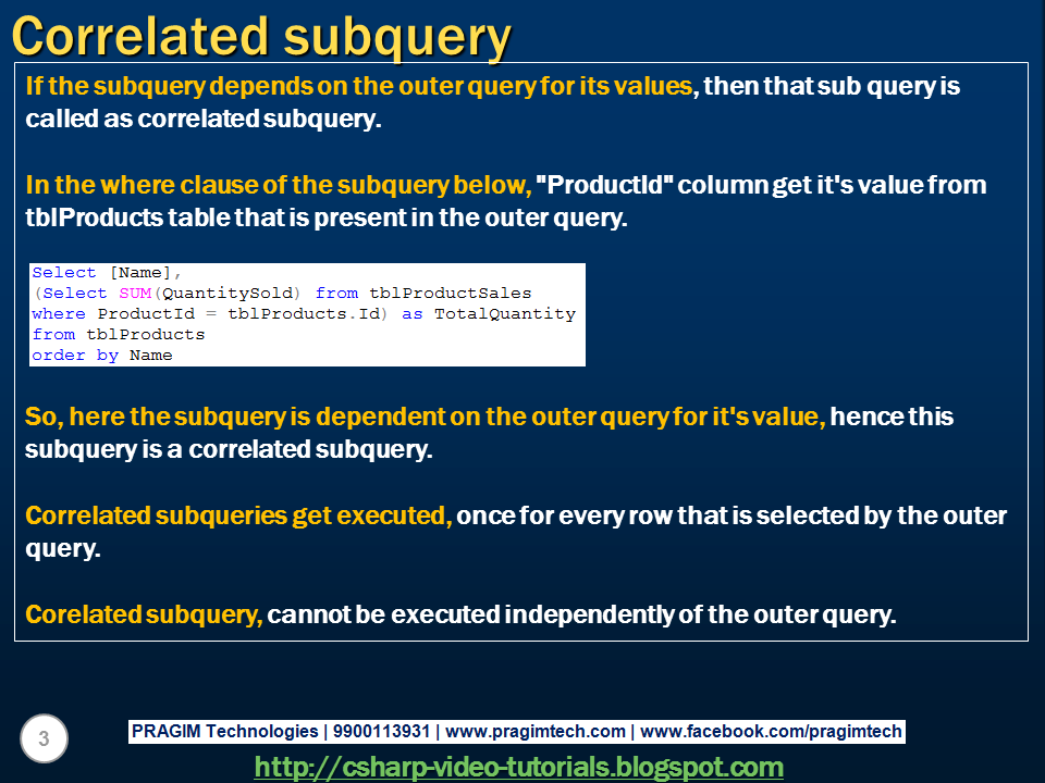 Sql server, .net and c# video tutorial: Part 60 – Co related SubQueries