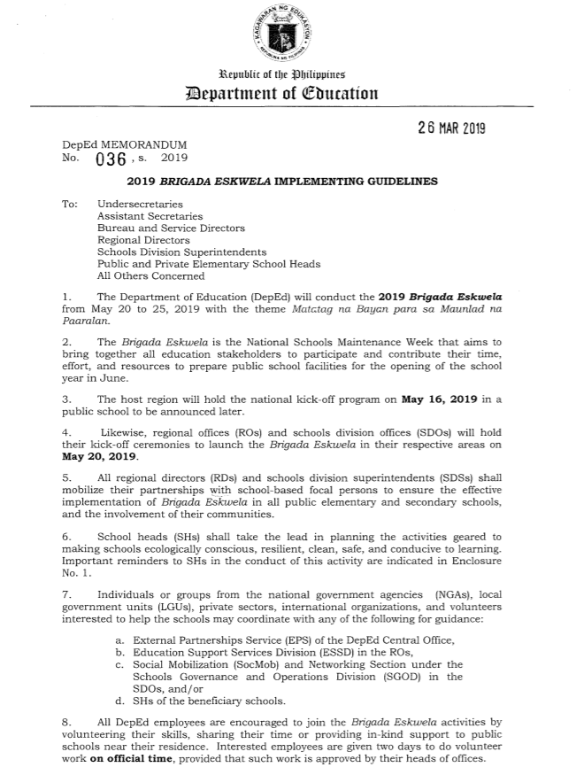 2019 Brigada Eskwela Implementing Guidelines - DepedClick 2019 Brigada Eskwela Implementing Guidelines - DepedClick