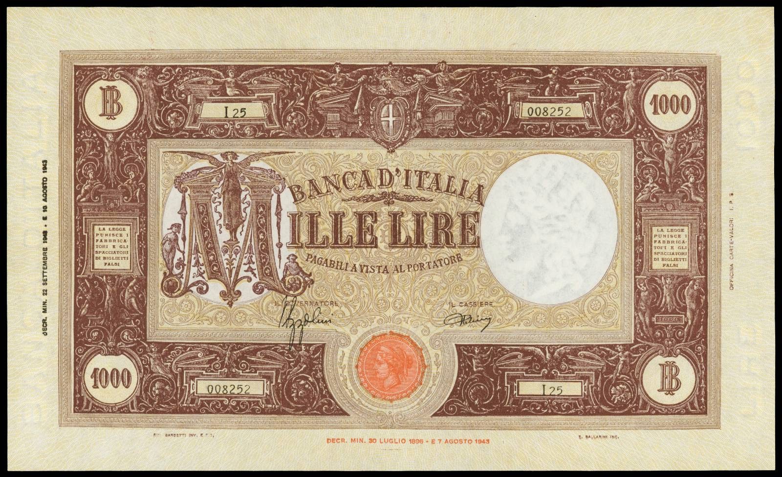 Italy 1000 Lire banknote 1943|World Banknotes & Coins Pictures | Old ...