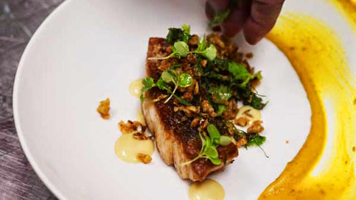 Barramundi with crunchy chickpeas and prawns, and halva mayonnaise ...