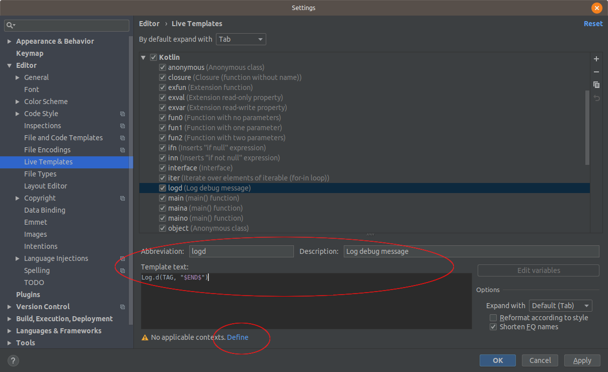 dominoc925: Android Studio shortcut to insert a Kotlin logging code using Live Template