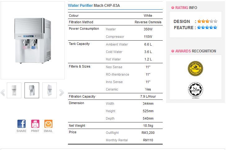 Coway Home Wellness Appliances: Coway Water Purifier Mach CHP-03A