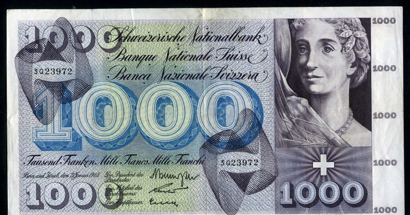 Swiss banknotes CHF 1000 Swiss Francs note 1965|World Banknotes & Coins ...