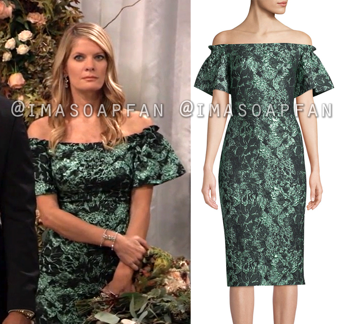 Nina Reeves's Off-the-shoulder Metallic Green Cloque Dress - General ...