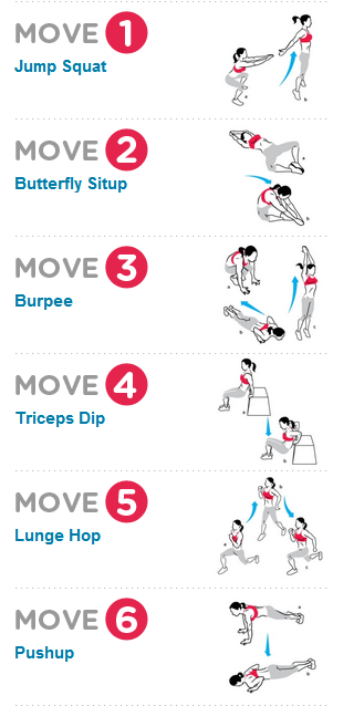 Exercise moves. Jump Squat, Butterfly Sit up, Burpee, Triceps Dip ...