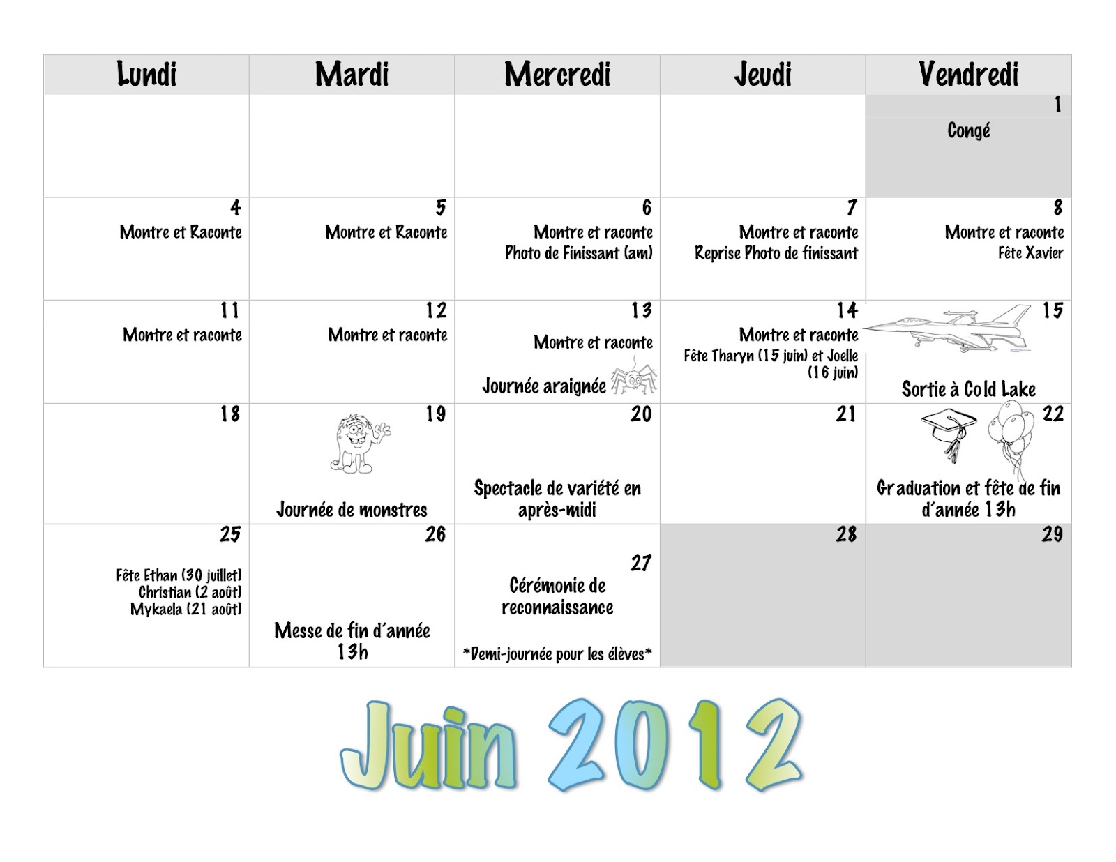 Classe de Maternelle: Calendrier de juin