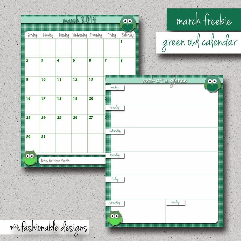 My Fashionable Designs: March Freebie: Green Owls Calendar Set