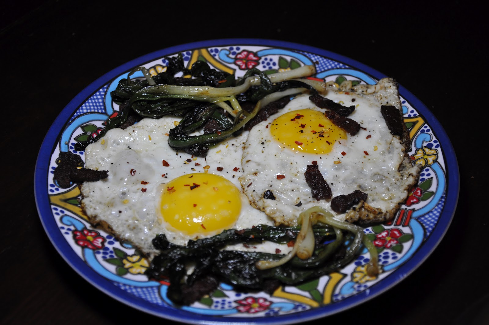 Slice of Rice: Fried Eggs with Sauteed Ramps and Duck Bacon