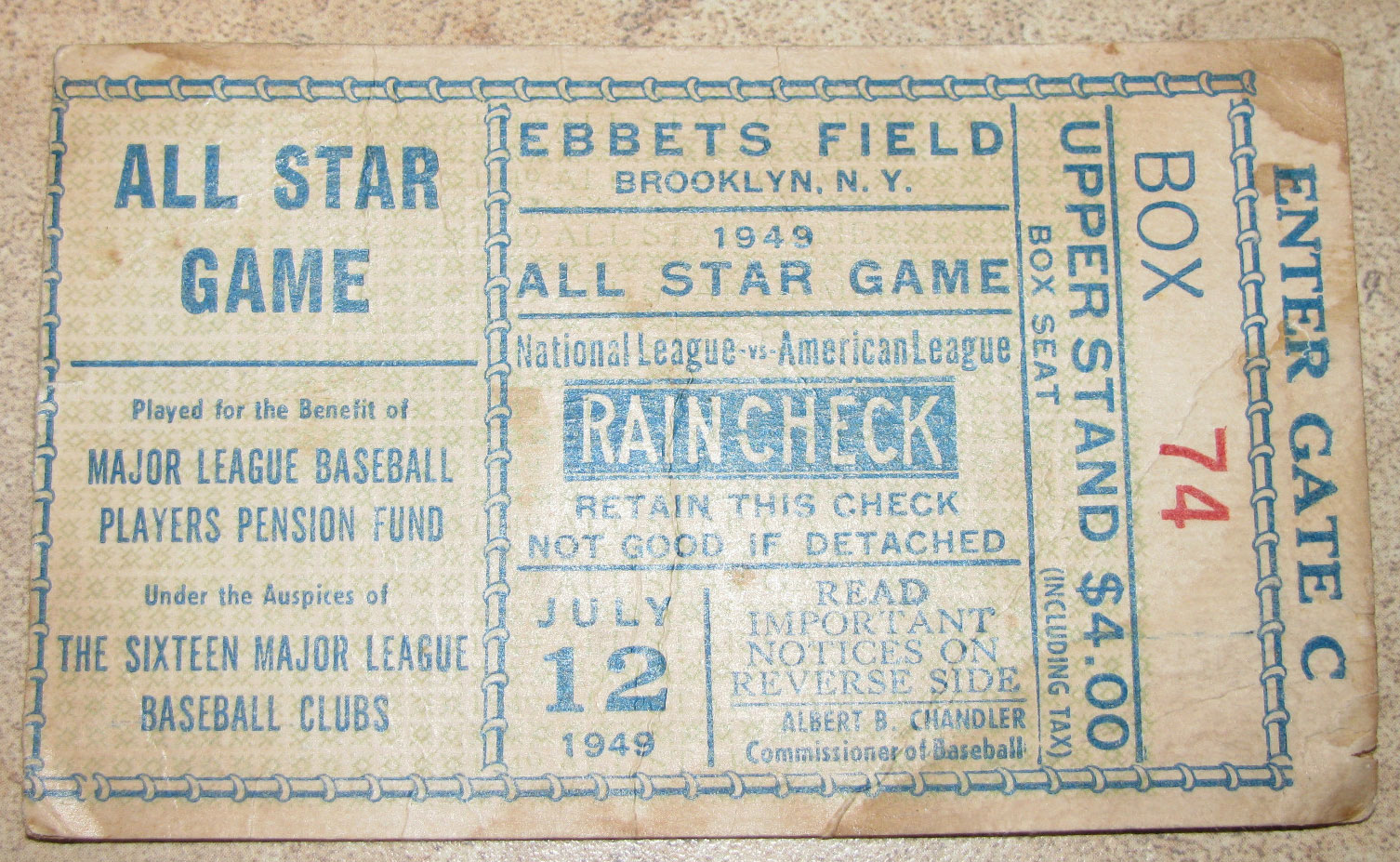 Dodgers Blue Heaven: A 1949 MLB All Star Game ticket stub from Ebbets Field