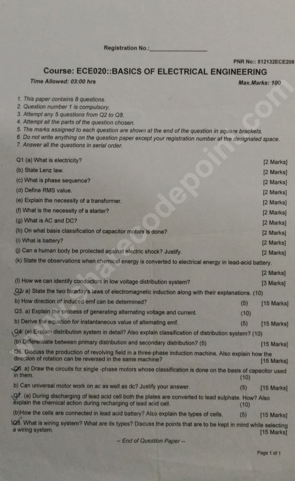ECE020 : Basic of electrical engineering end term exam question paper - lpu