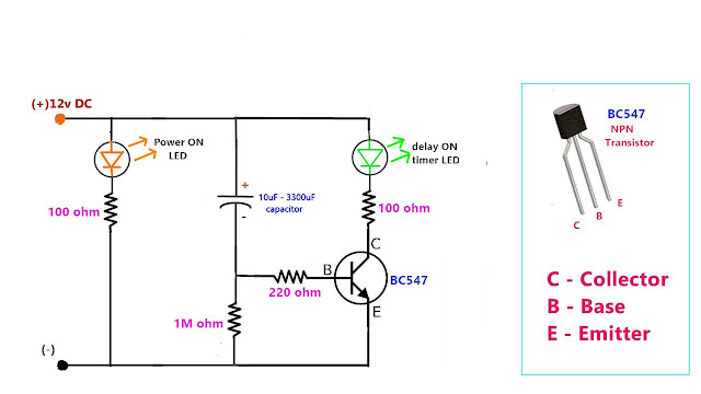 ON Time delay timer by using One NPN Transistor and Capacitor