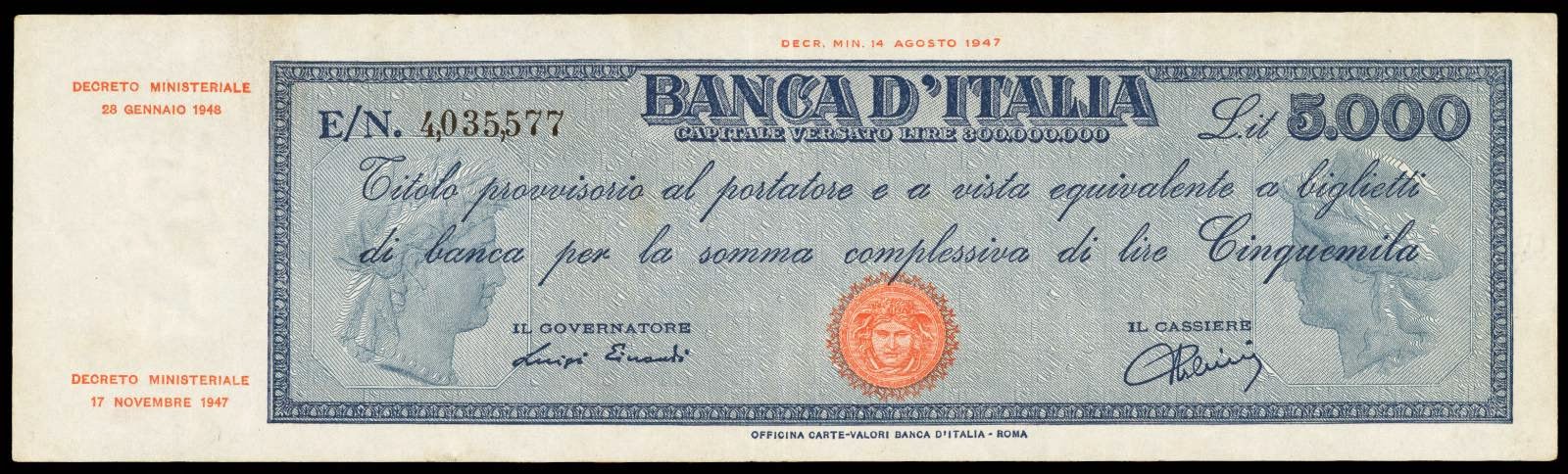 Italy 5000 Lire 1947 Provisional bearer note|World Banknotes & Coins ...