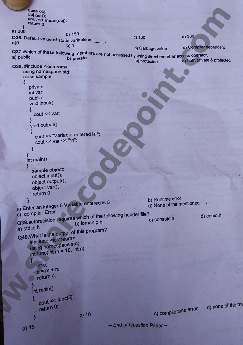 Cse202 Object Oriented Programming Mid Term Exam Question Paper Cse 202 Lpu Question Paper