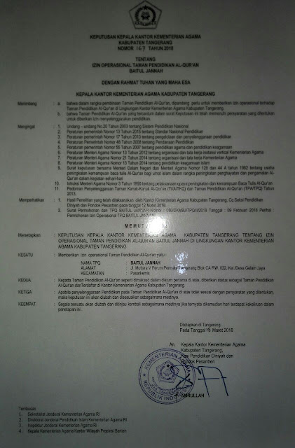 MASJID "BAITUL JANNAH" RW.022 PERUM PERMATA TANGERANG: Piagam Izin ...
