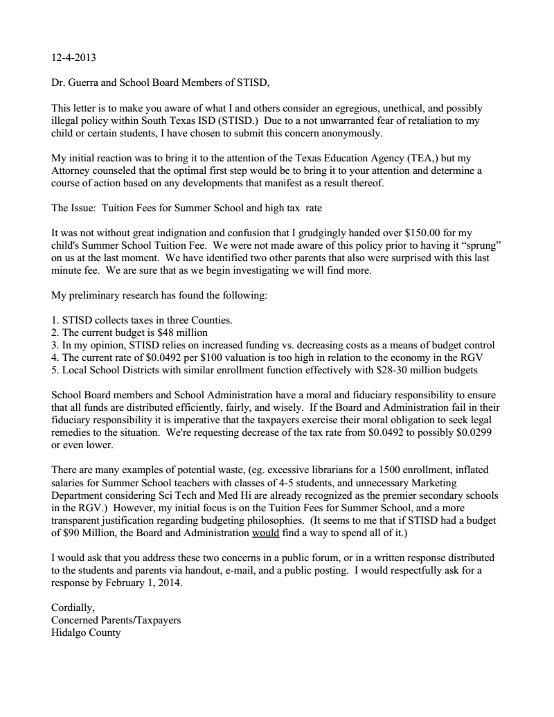 EL RRUN RRUN: LETTER FROM CONCERNED PARENTS TO STISD IGNORED