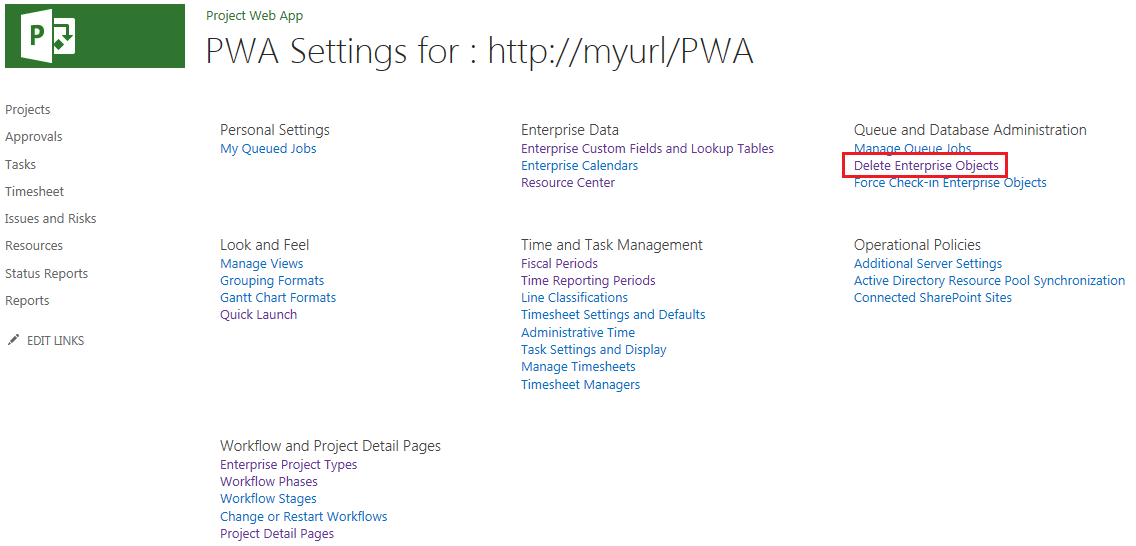 Delete a project on Project Server (PWA) 2013