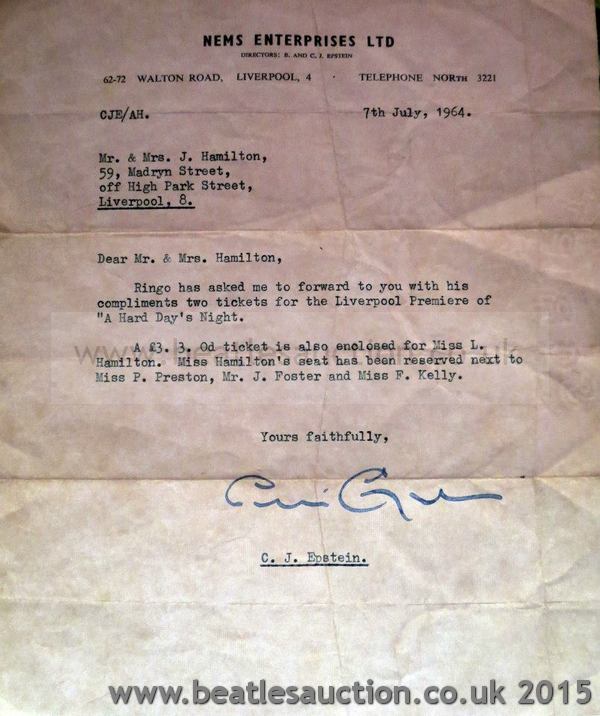 Liverpool Beatles Auction: Clive Epstein NEMS Letter