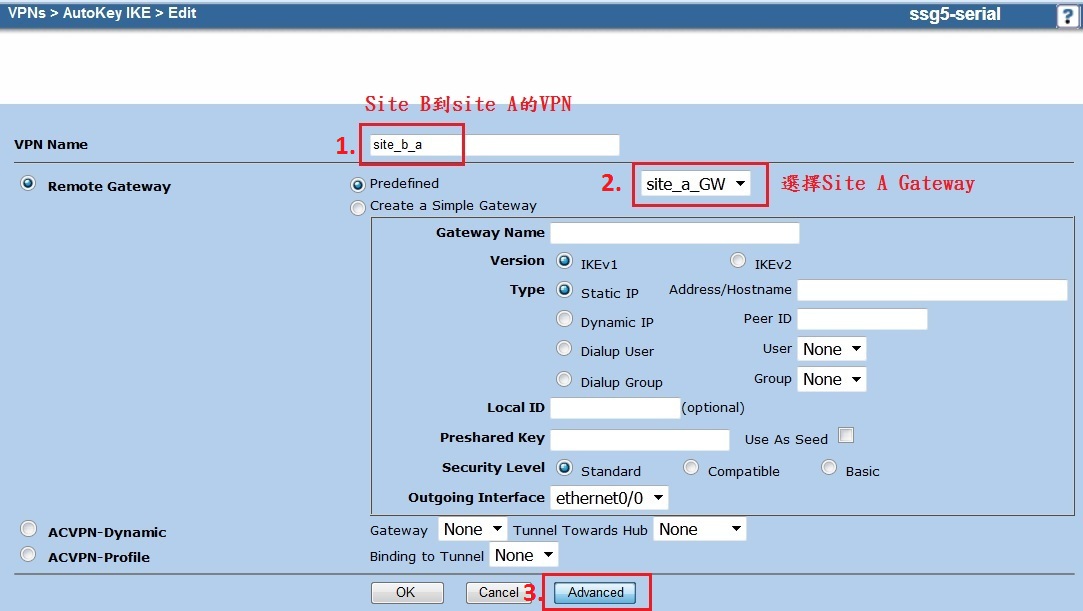 Juniper SSG5 VPN (Virtual Private Network)設定